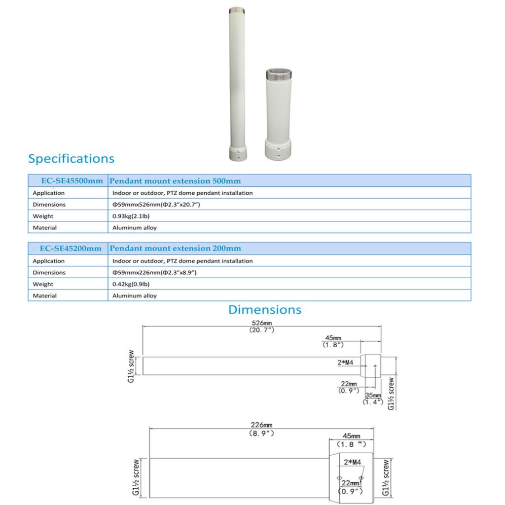 PTZ Camera pendant mount extensions with 1.5" NPT coupler
