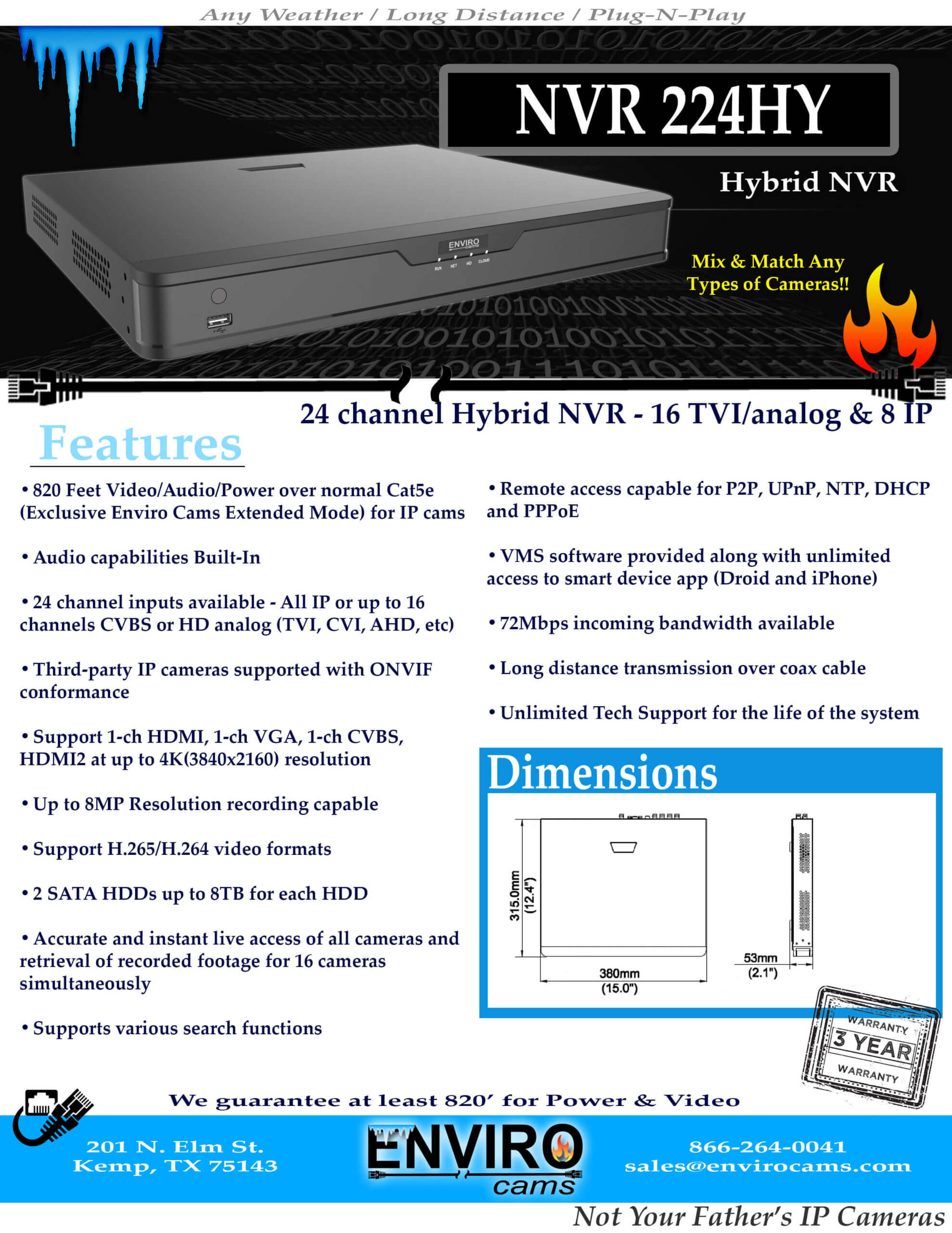 24 Channel Hybrid NVR - 16 Analog/TVI & 8 IP - Rugged Cams